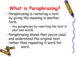 Summarizing and paraphrasing explanation PowerPoint | PPTX