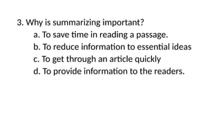 SUMMARIZING TECHNIQUES IN A GIVEN TEXT QUIZ | PPTX