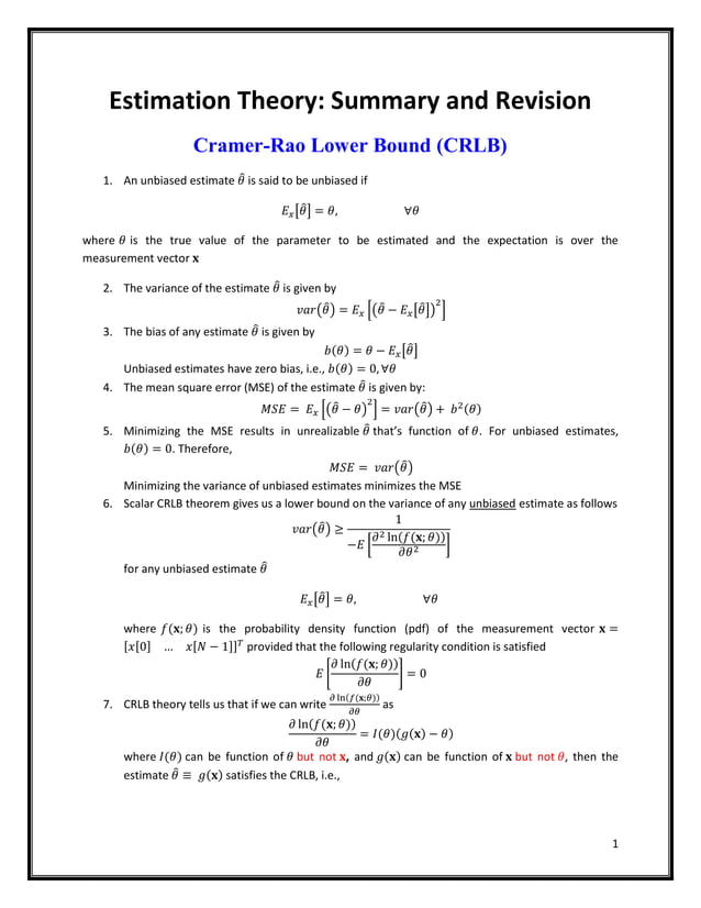 Estimation Theory Class (Summary and Revision) | PDF