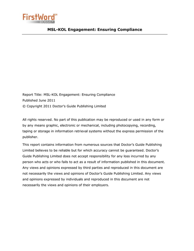 Medical Science Liaison (MSL) and KOL Regulatory Compliance