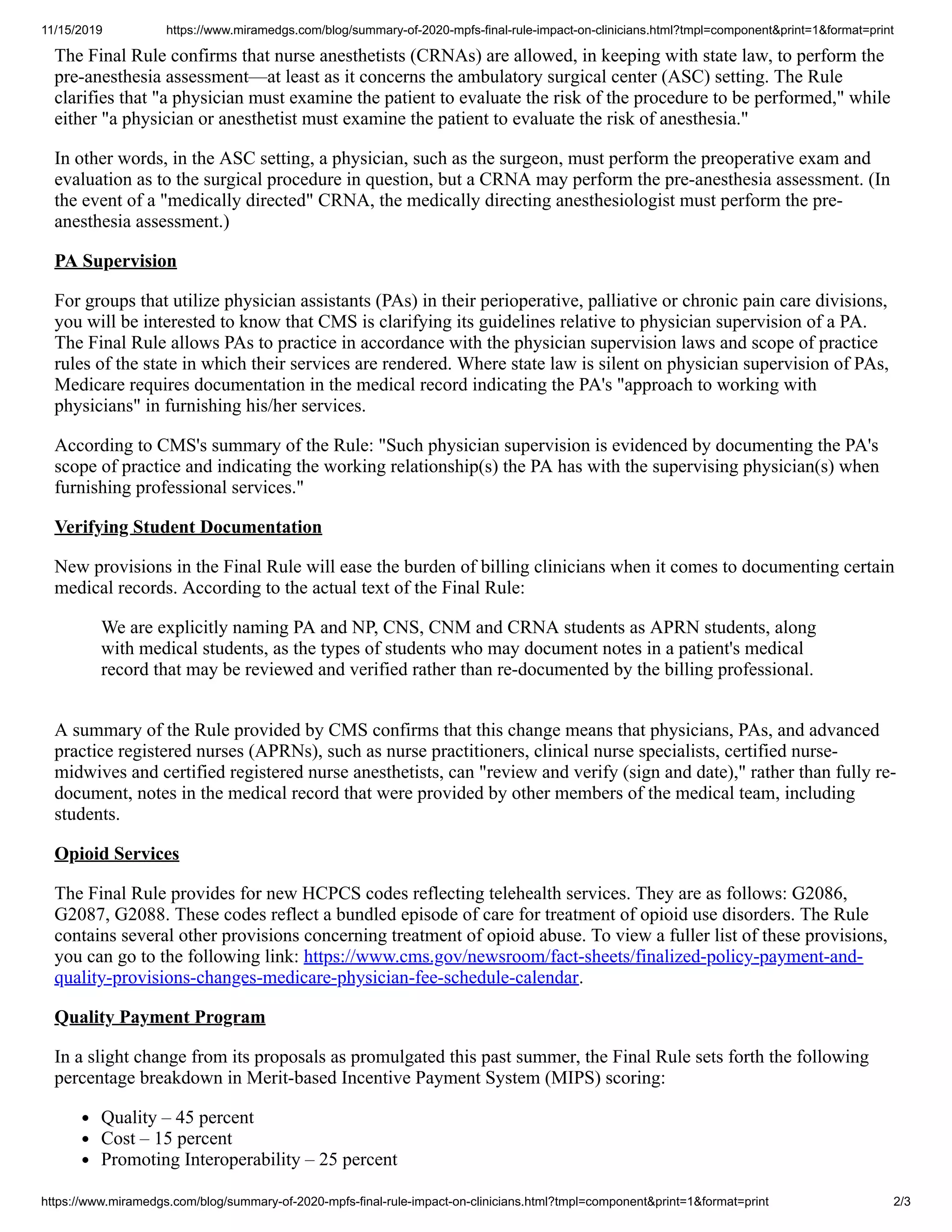 Summary of 2020 MPFS Final Rule | PDF
