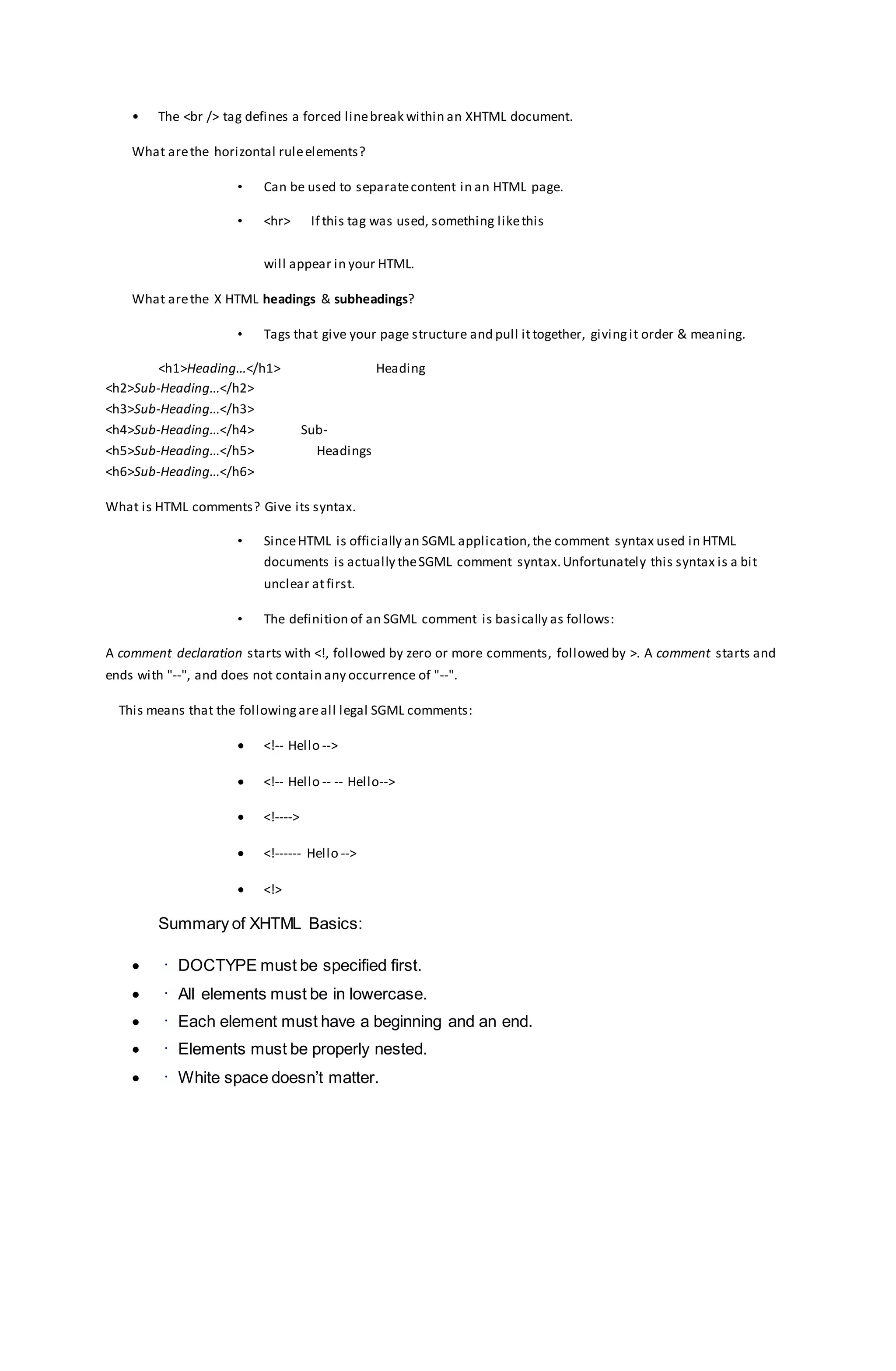 Summary of-xhtml-basics | DOCX | Web Design and HTML | Internet