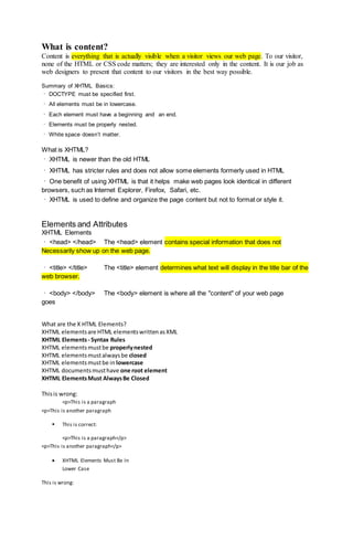 Summary of-xhtml-basics | DOCX | Web Design and HTML | Internet