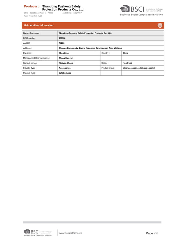 FUSHENG BSCI CERTIFICATE | PDF