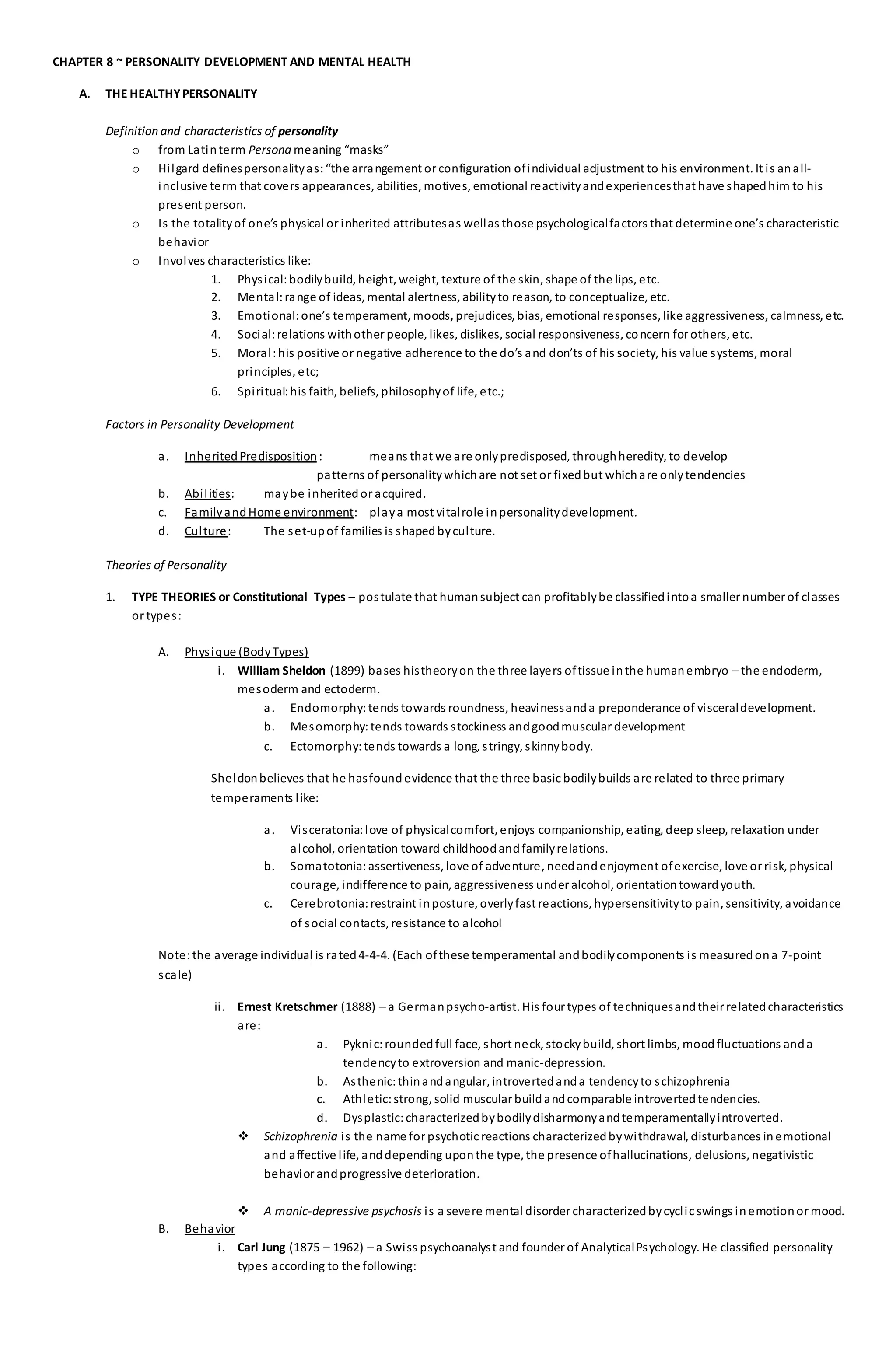Personality development and mental health (Psychology 1) | DOCX
