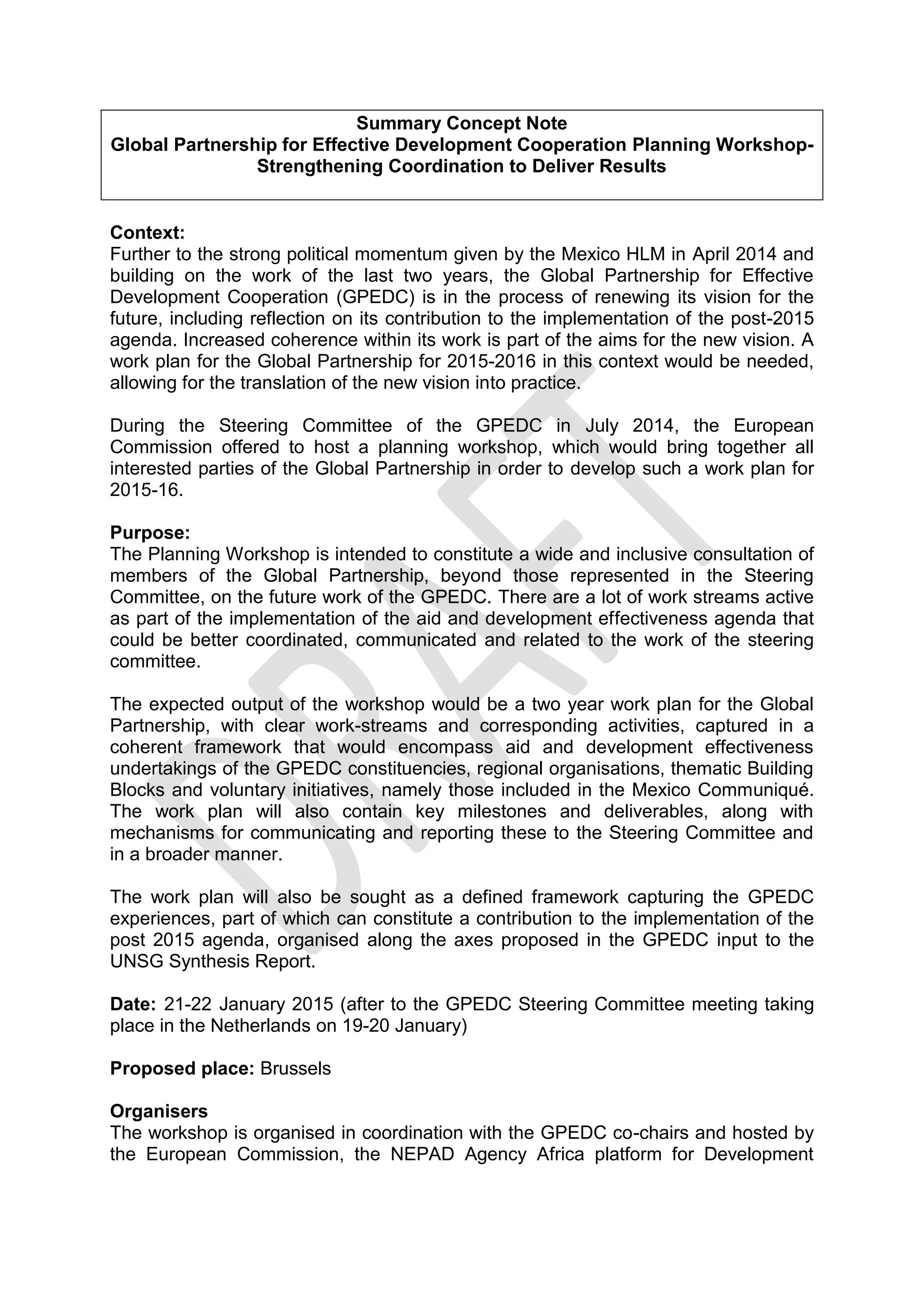 Summary Concept Note GPEDC Planning Workshop Strengthening Coordination ...