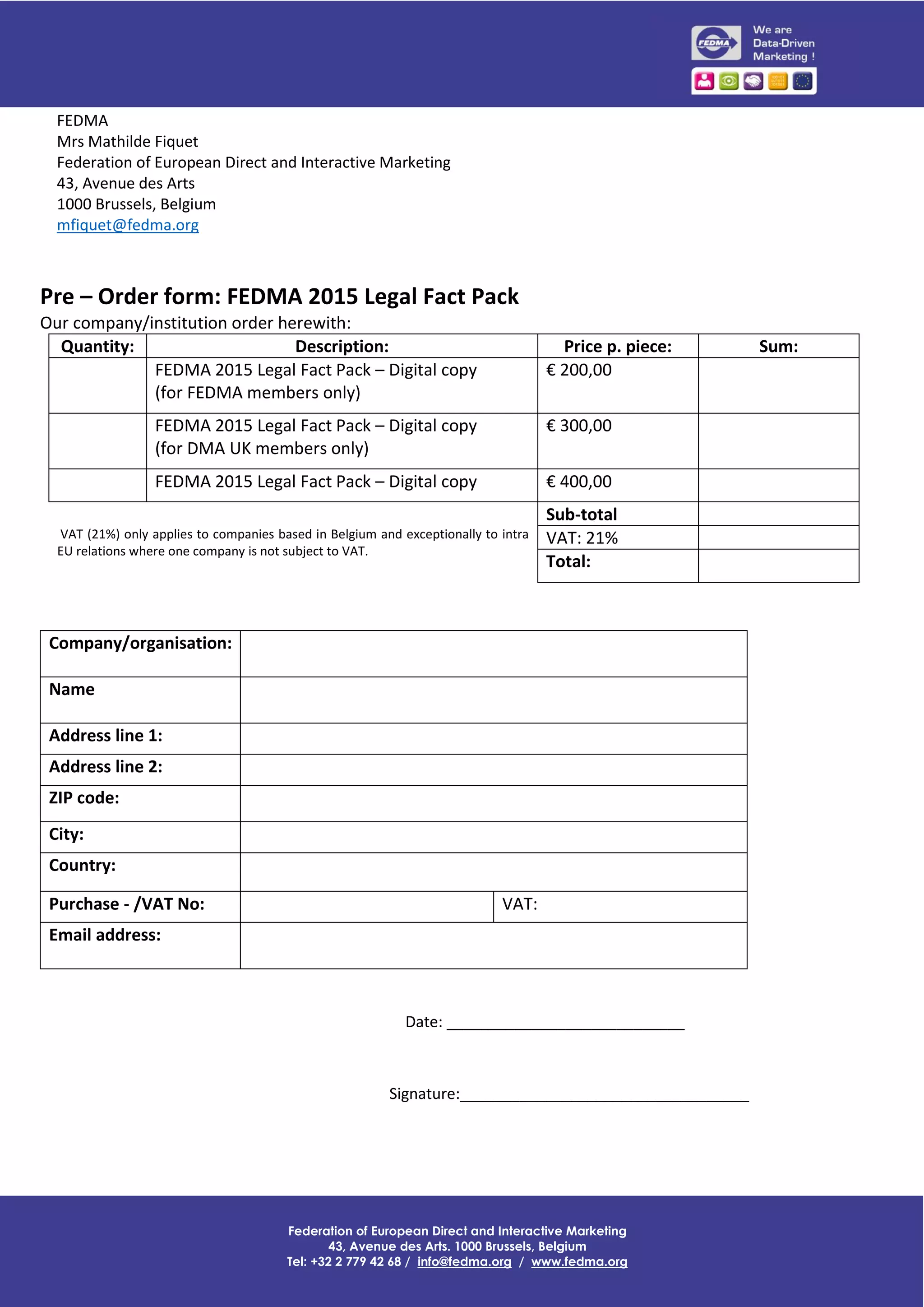 FEDMA - Legal Fact Pack Summary and Pre-order Form | PDF