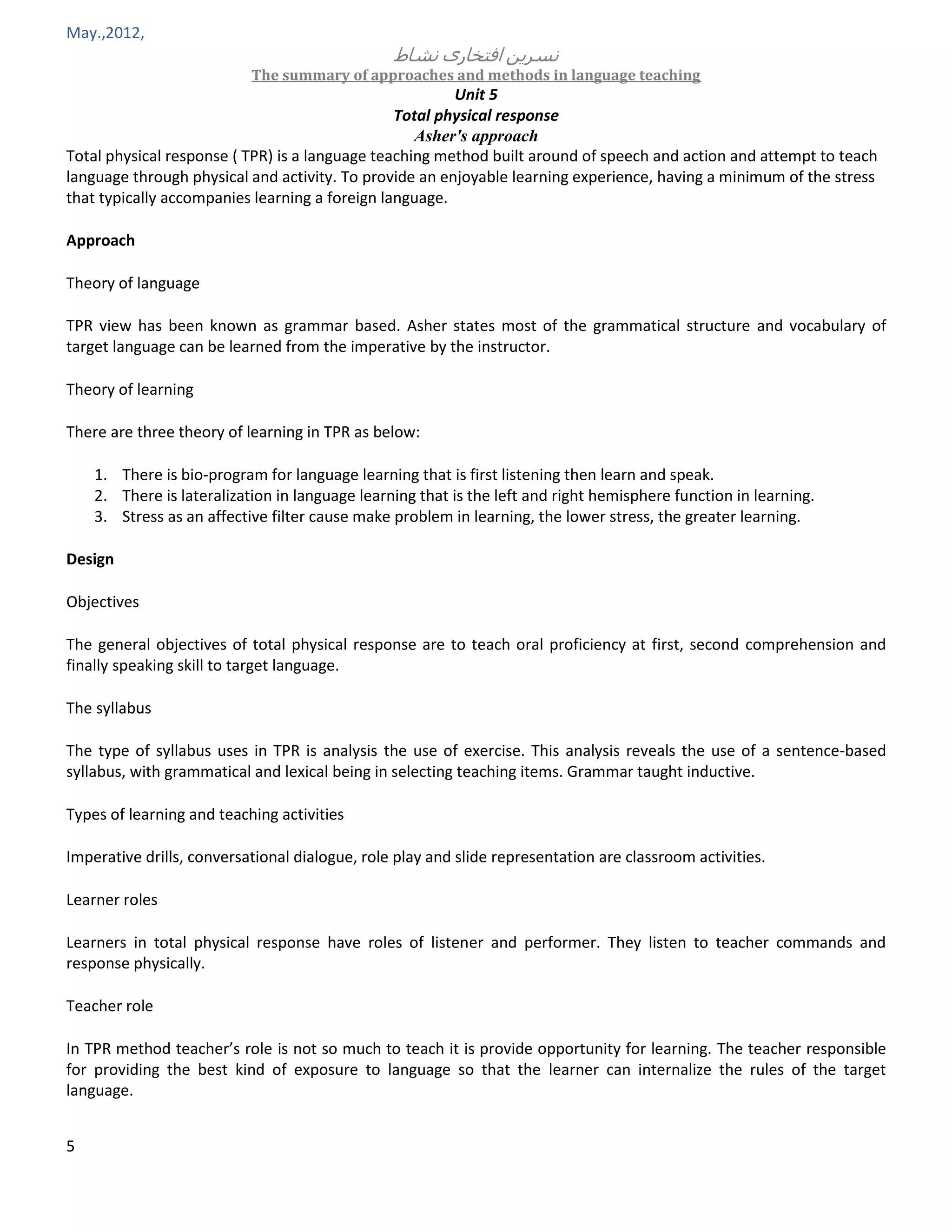 Summary of approaches and methods in language teaching | PDF