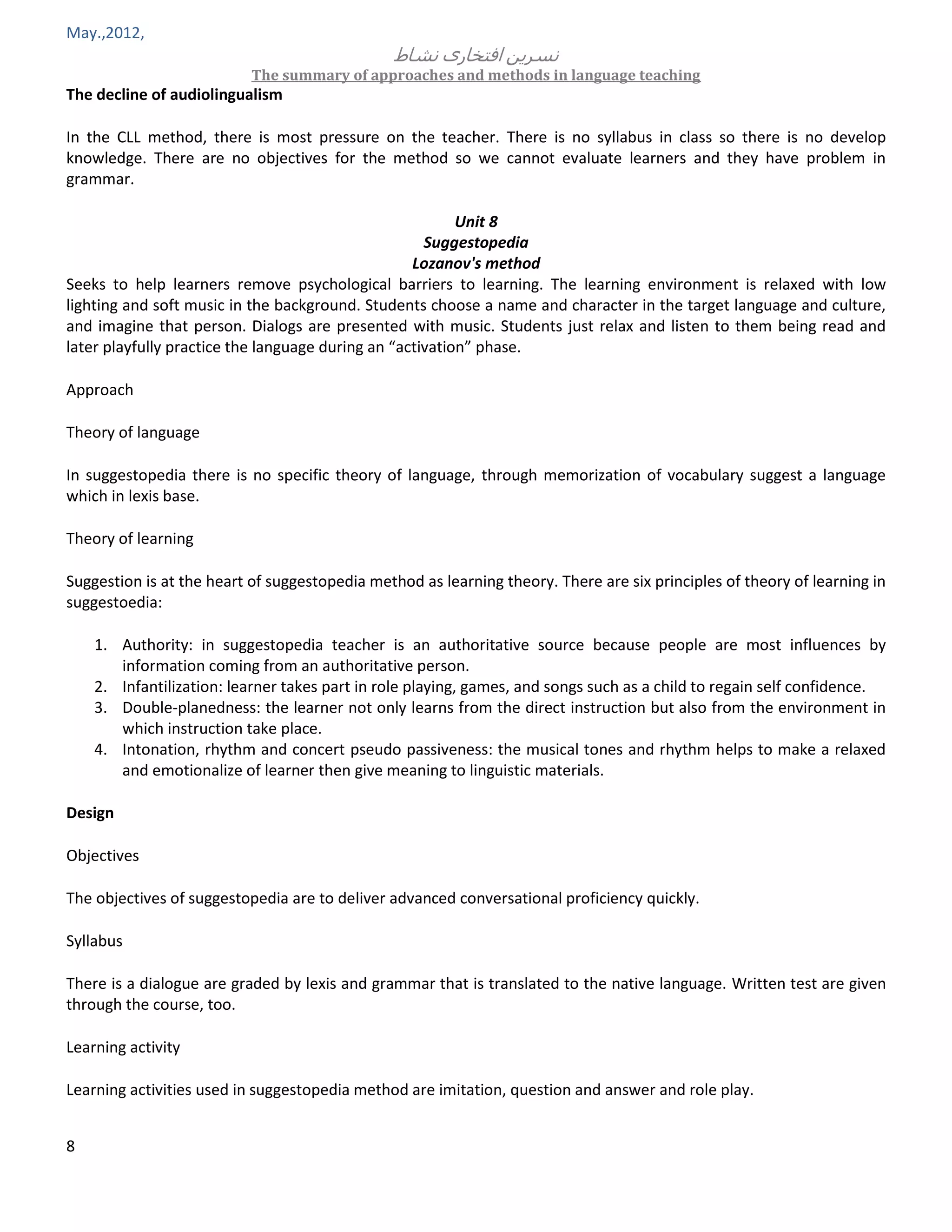 Summary of approaches and methods in language teaching | PDF