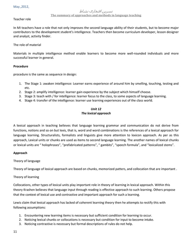 Summary of approaches and methods in language teaching | PDF