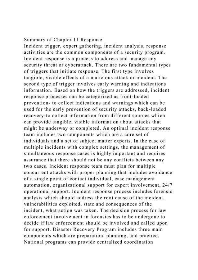 Summary of Chapter 11 ResponseIncident trigger, expert gatherin.docx
