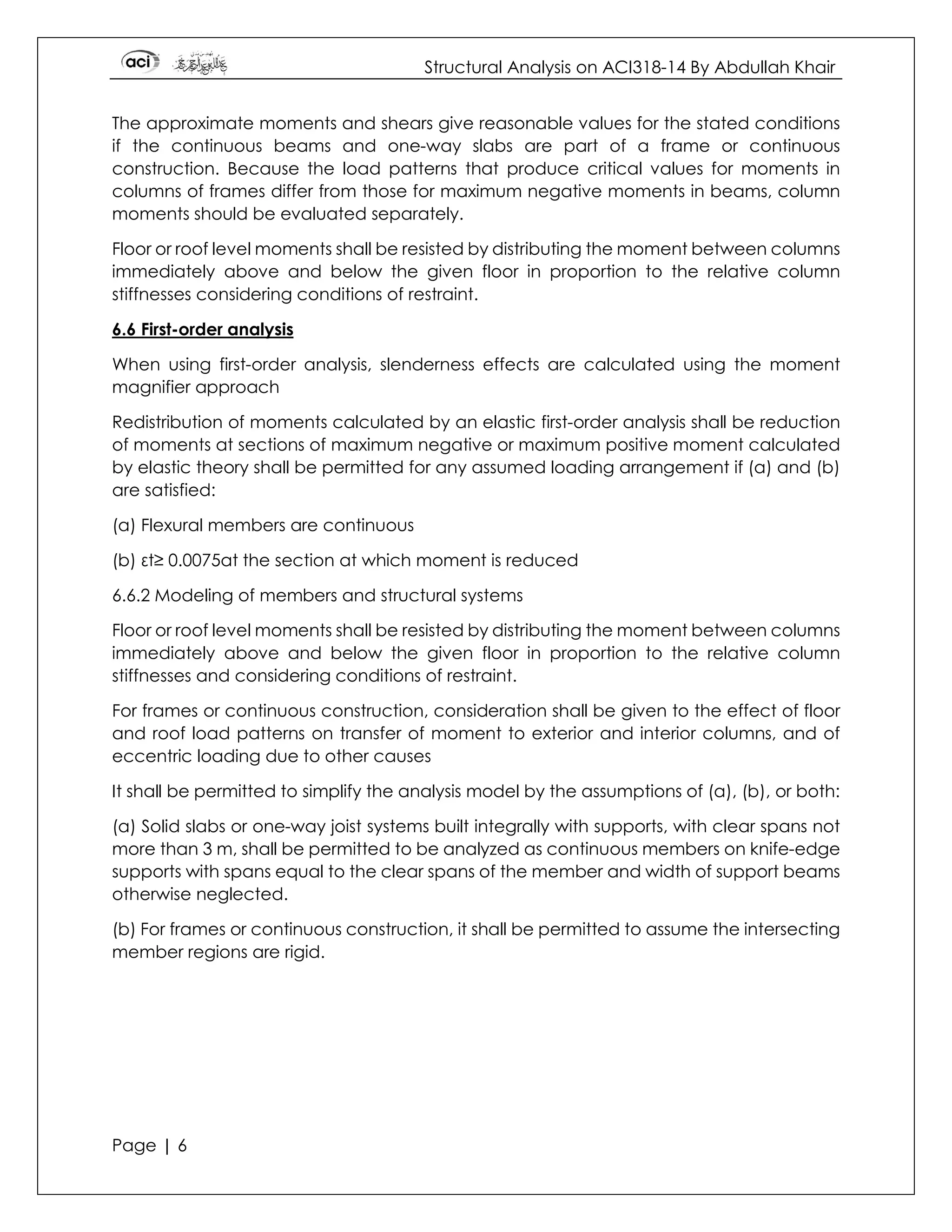 Summary of CHAPTER 6 (ACI318-14M) Structural Analysis | PDF