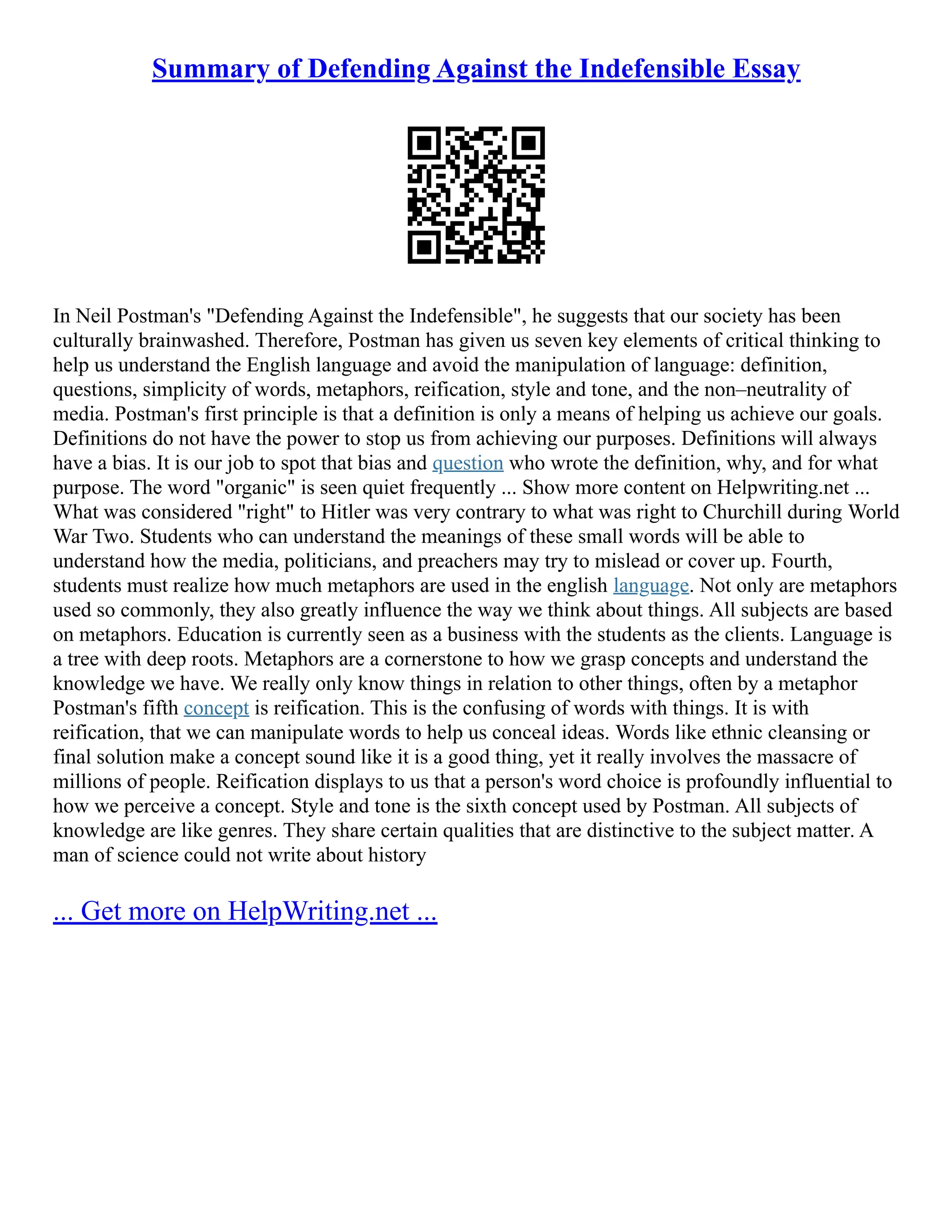 Summary Of Defending Against The Indefensible Essay | PDF