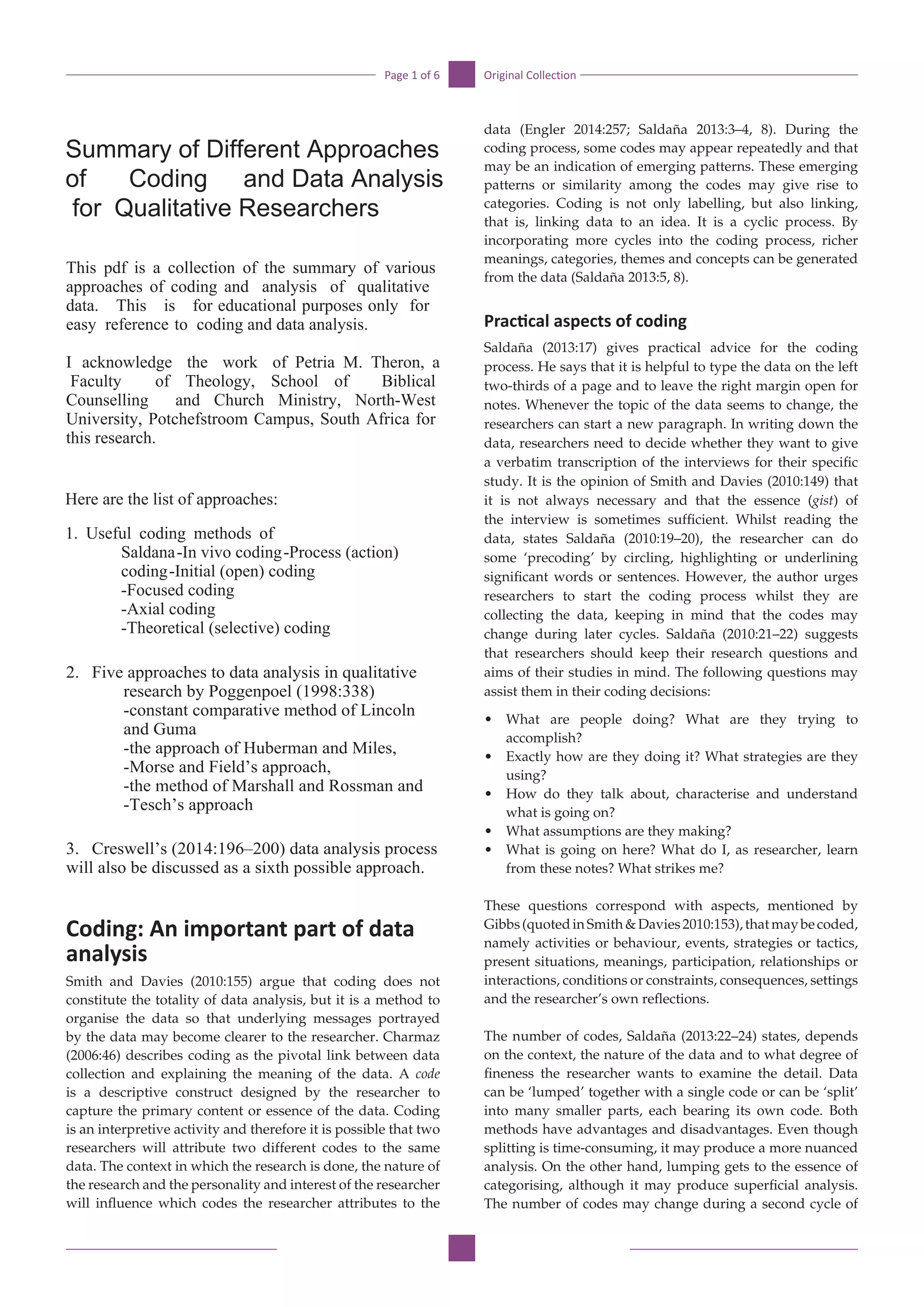 Summary Of Different Approaches Collection Of Coding And Data Analysis