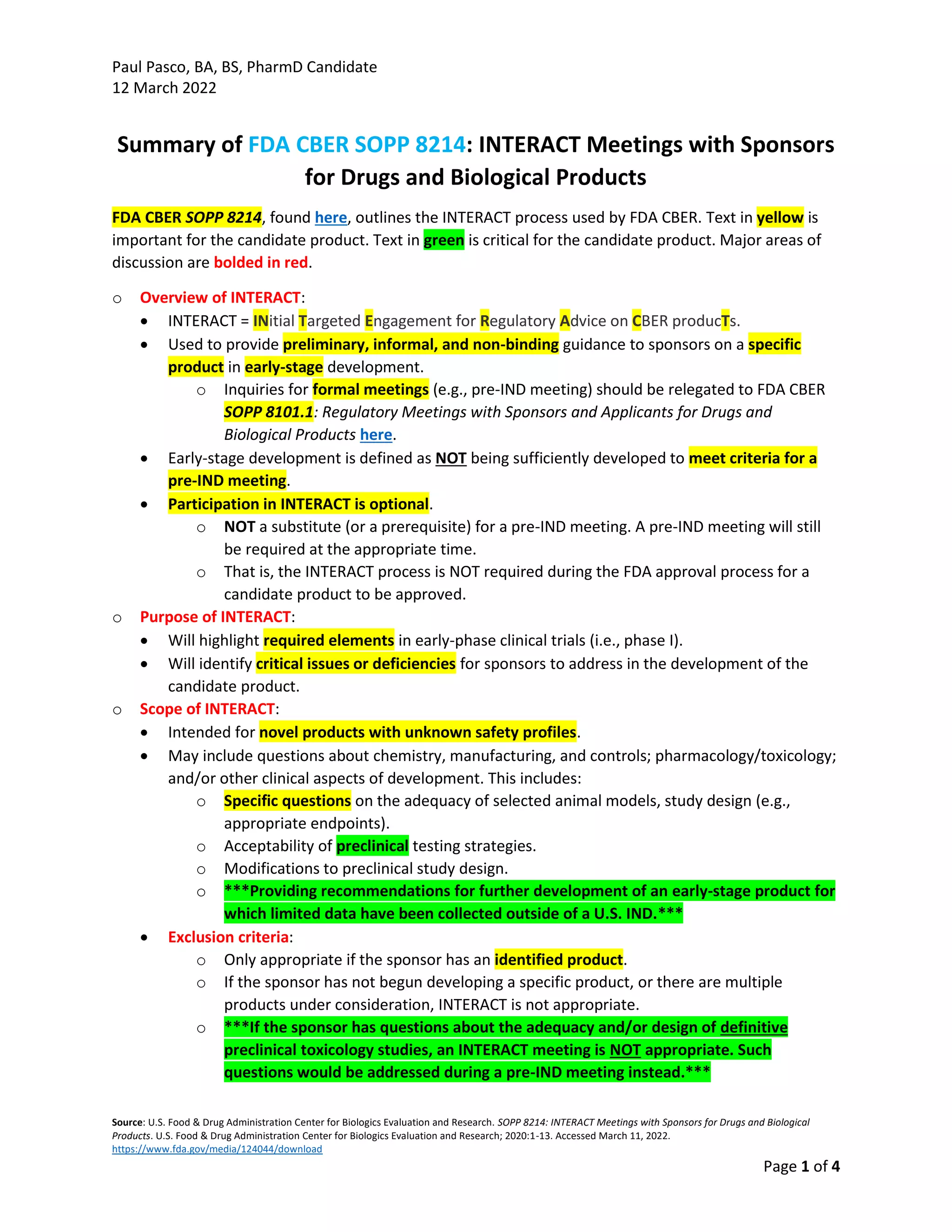 Summary of FDA CBER SOPP 8214: INTERACT Meetings | PDF