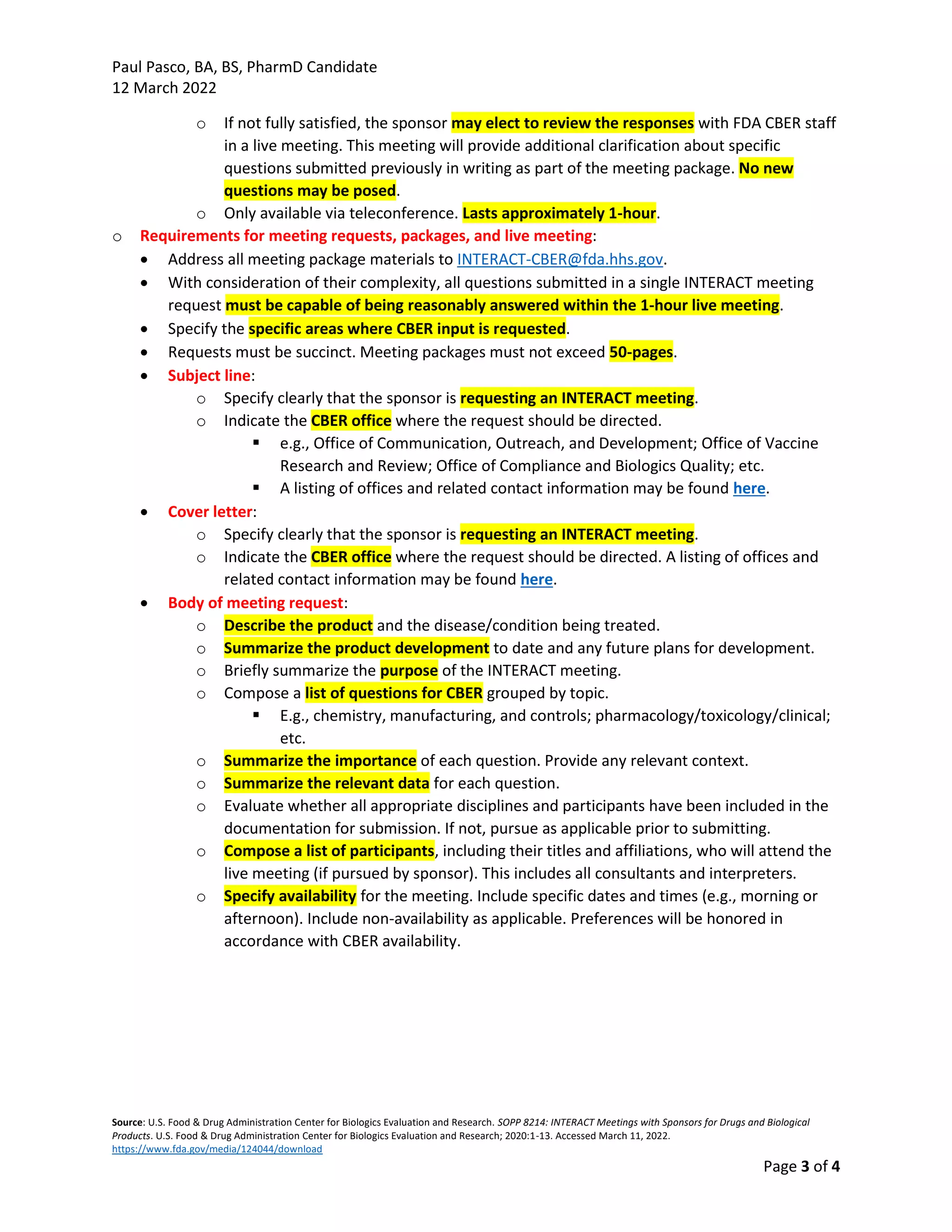 Summary of FDA CBER SOPP 8214: INTERACT Meetings | PDF