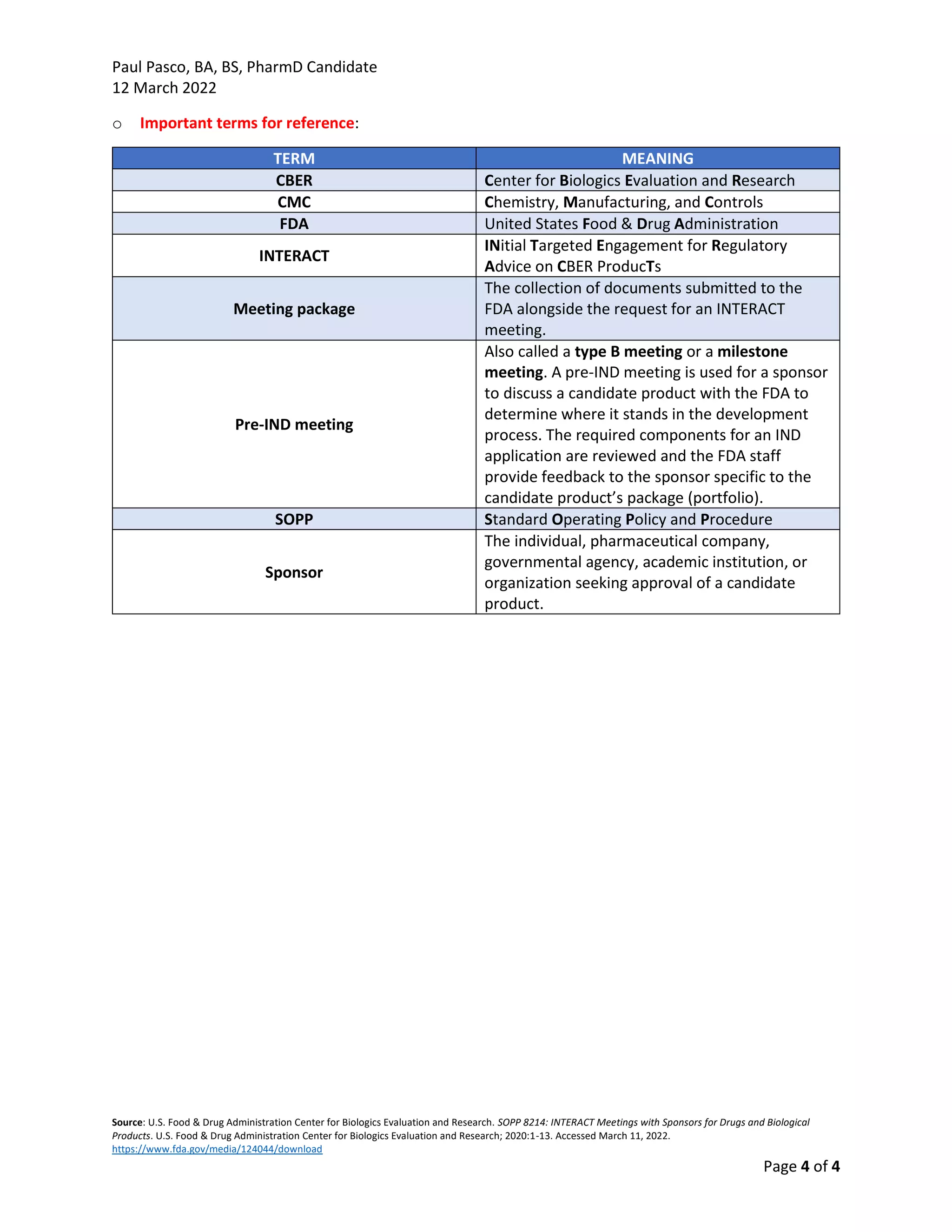 Summary of FDA CBER SOPP 8214: INTERACT Meetings | PDF