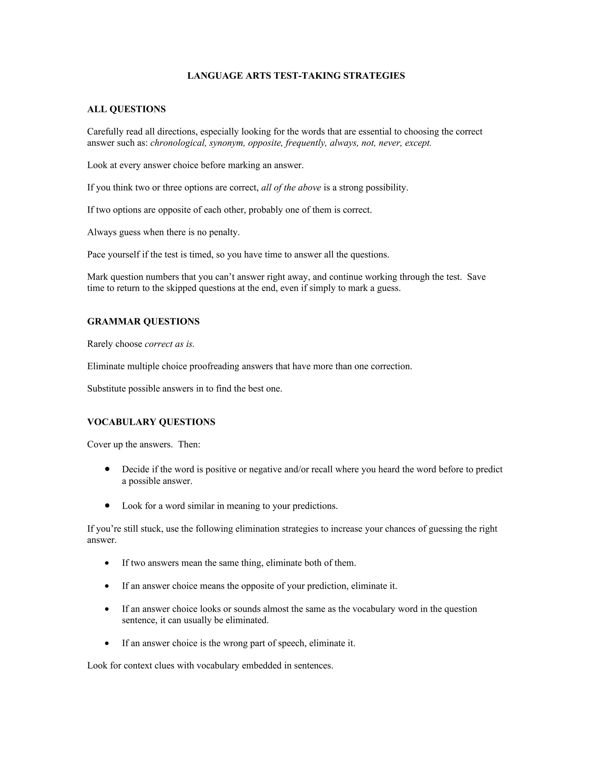 Language test taking strategies | DOC | Standardized Testing ...