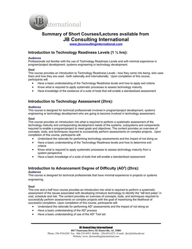 Summary Of Short Courses | DOC