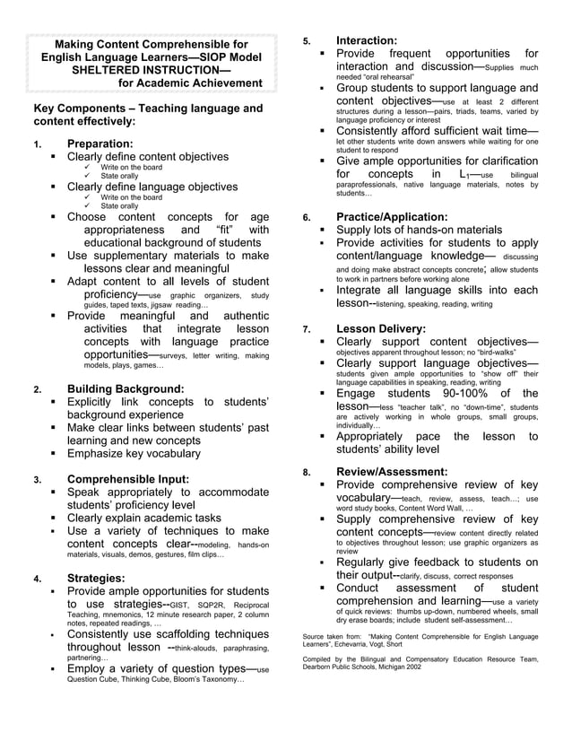 Summary of SIOP | PDF | Homework and Study | Education