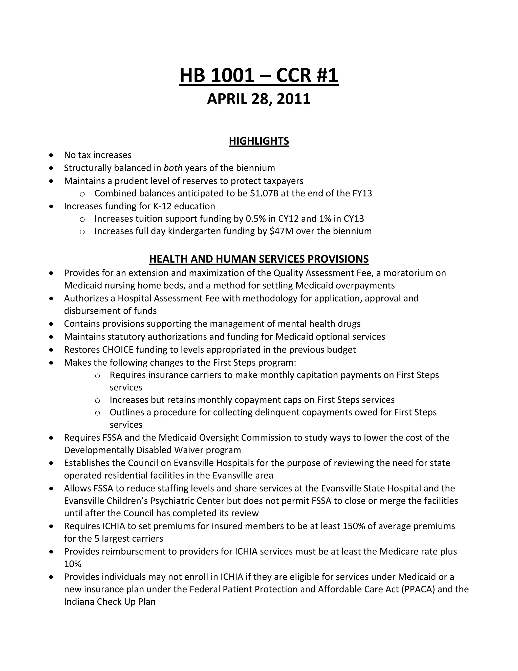 Summary of statutory provisions in hb 1001 | PDF