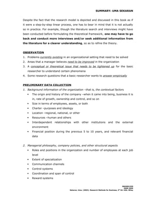 SUMMARY of uma sakran about Business Research | DOCX