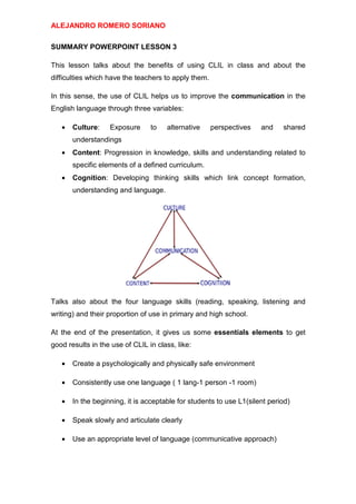 Summary powerpoint lesson 3 CLIL | PDF