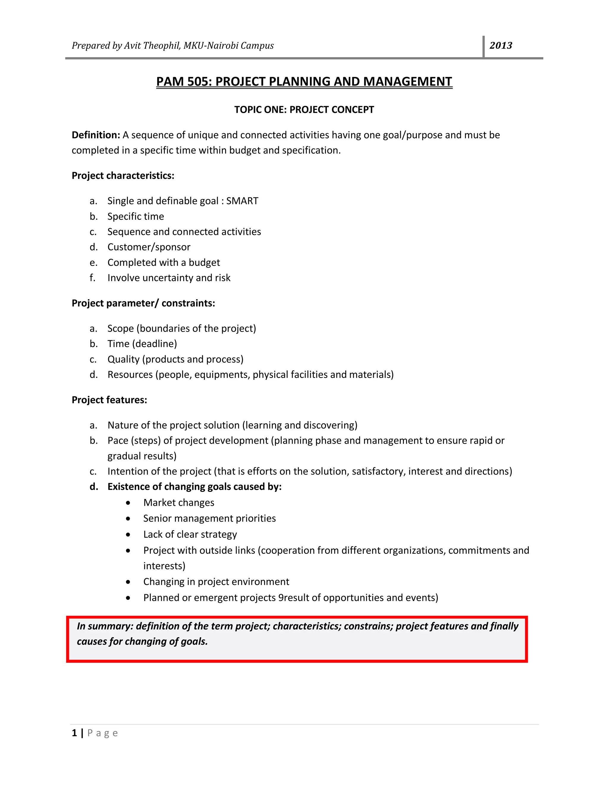 Project Planning and Management Summary 505 by Avit Theophil | PDF