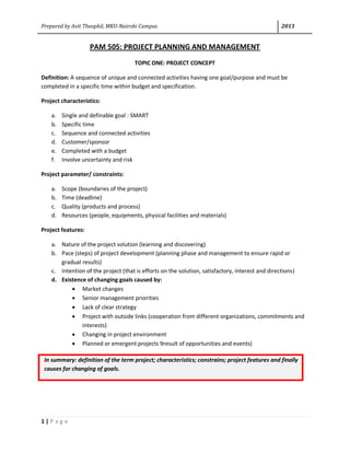 Project Planning and Management Summary 505 by Avit Theophil | PDF