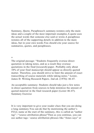 Summary, Quote, ParaphraseA summary restates only the main.docx