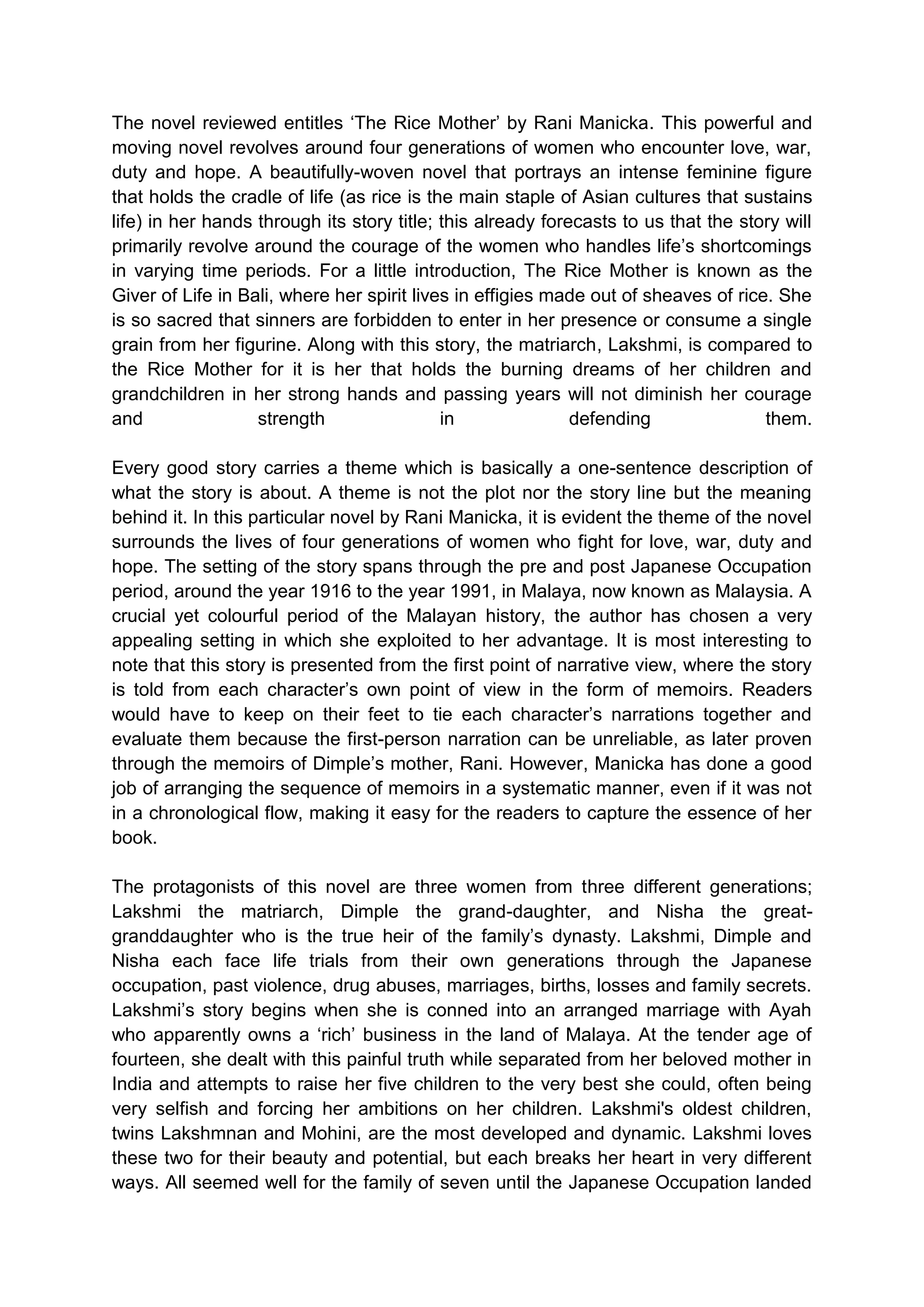 Summary rice mother | DOCX