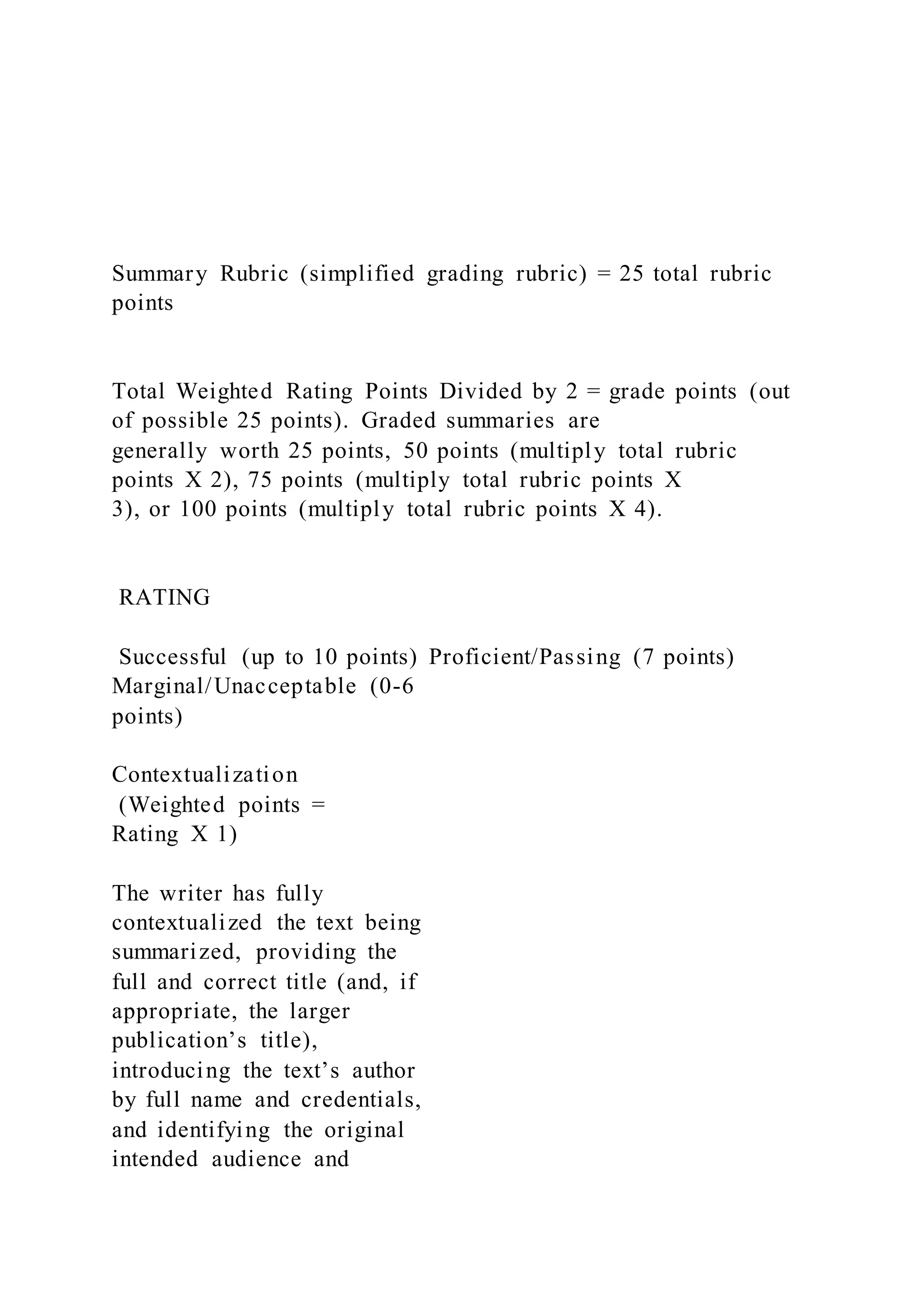 Summary Rubric (simplified grading rubric) = 25 total rubri | DOCX