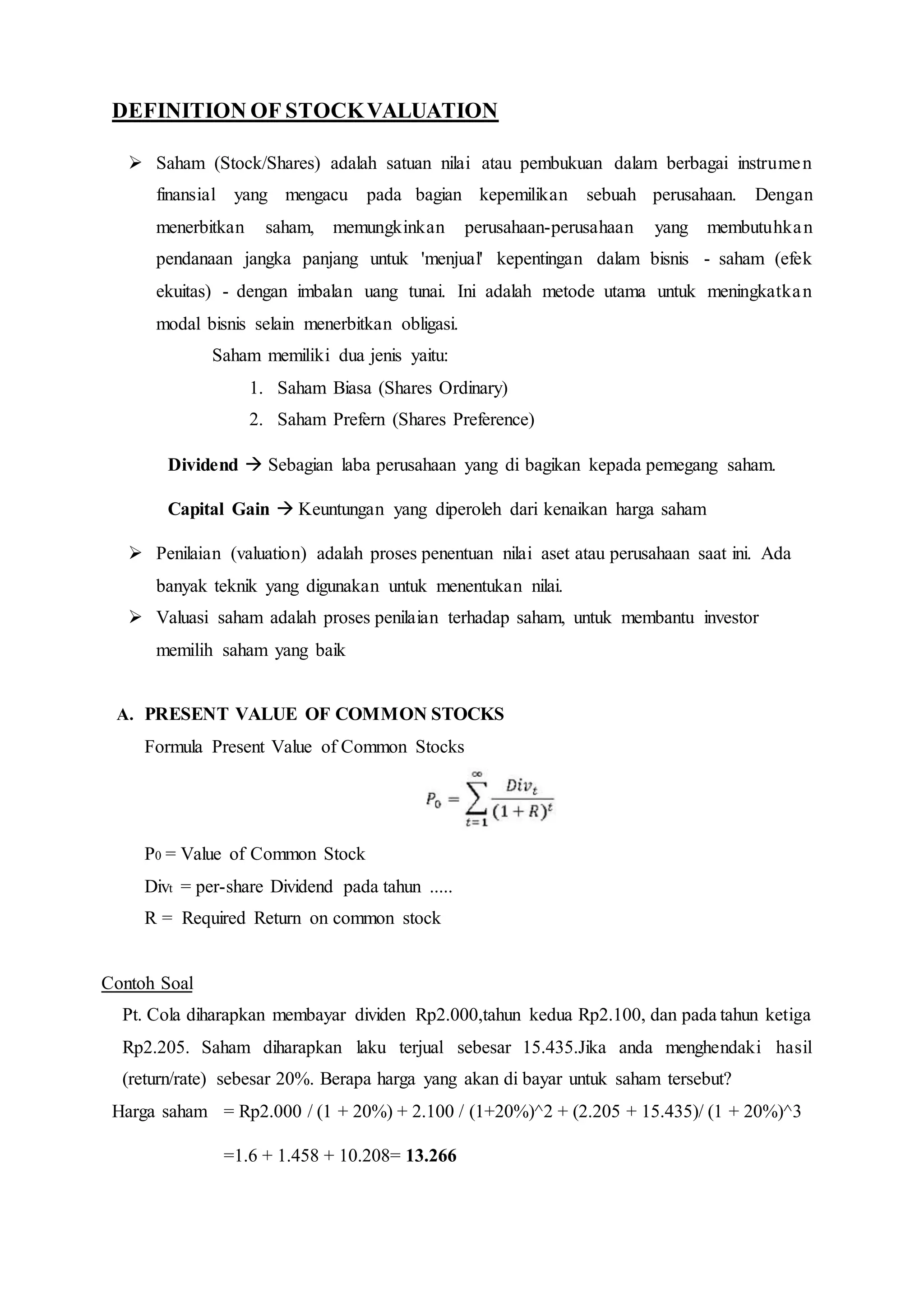 Summary of Stock Valuation | DOCX