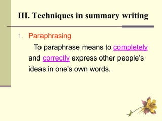 Summary Writing SlideSHare Presentation | PPTX