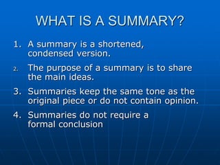 Summary Writing.ppt on ways to write summary essays | PPT