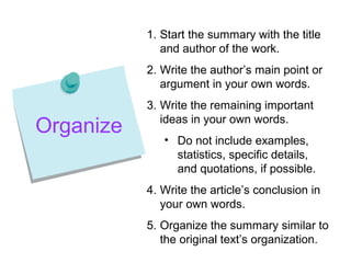 Summary Writing = What is a summary, steps | PPT