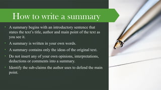 PowerPoint For Summary Writing for for grade eight to eleven | PPTX
