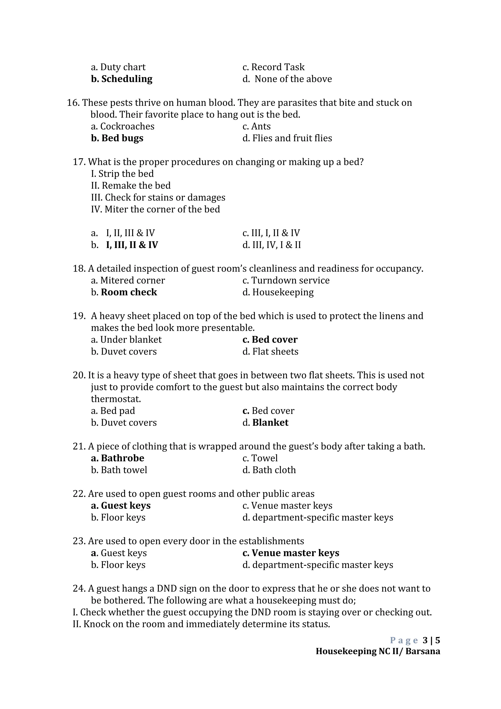 HOUSEKEEPING NC II SUMMATIVE EXAM QUARTER 2 | DOCX