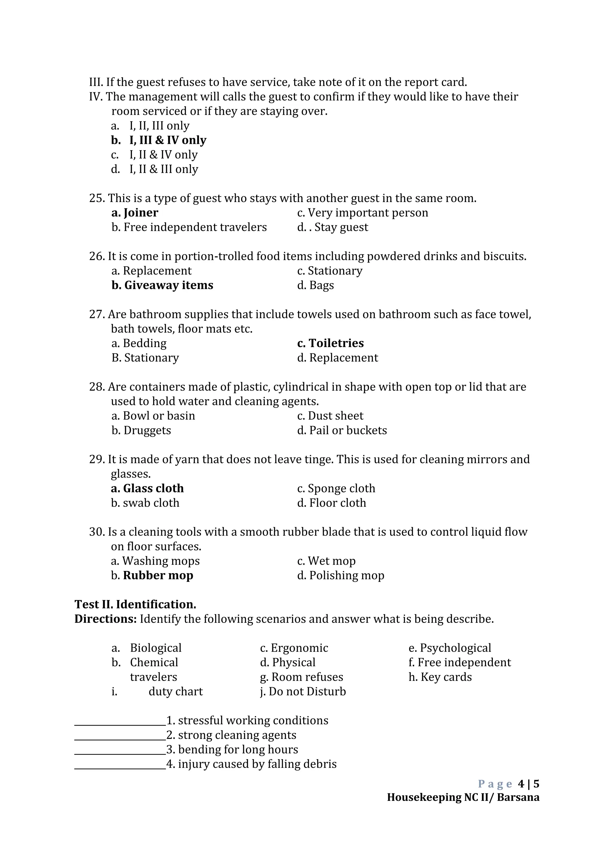 HOUSEKEEPING NC II SUMMATIVE EXAM QUARTER 2 | DOCX