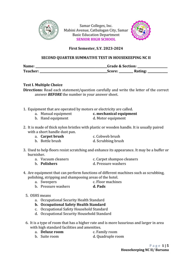 HOUSEKEEPING NC II SUMMATIVE EXAM QUARTER 2 | DOCX