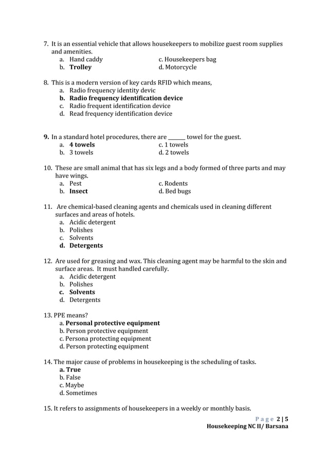 HOUSEKEEPING NC II SUMMATIVE EXAM QUARTER 2 | DOCX