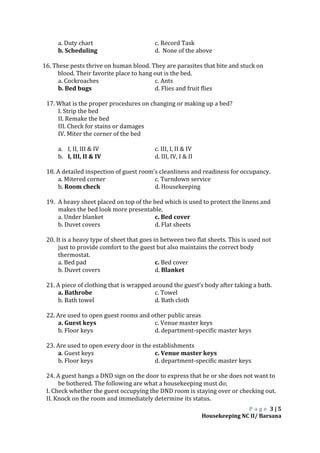 HOUSEKEEPING NC II SUMMATIVE EXAM QUARTER 2 | DOCX
