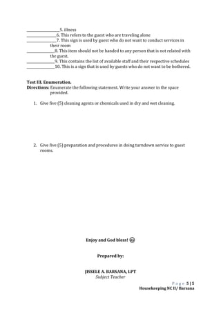 HOUSEKEEPING NC II SUMMATIVE EXAM QUARTER 2 | DOCX