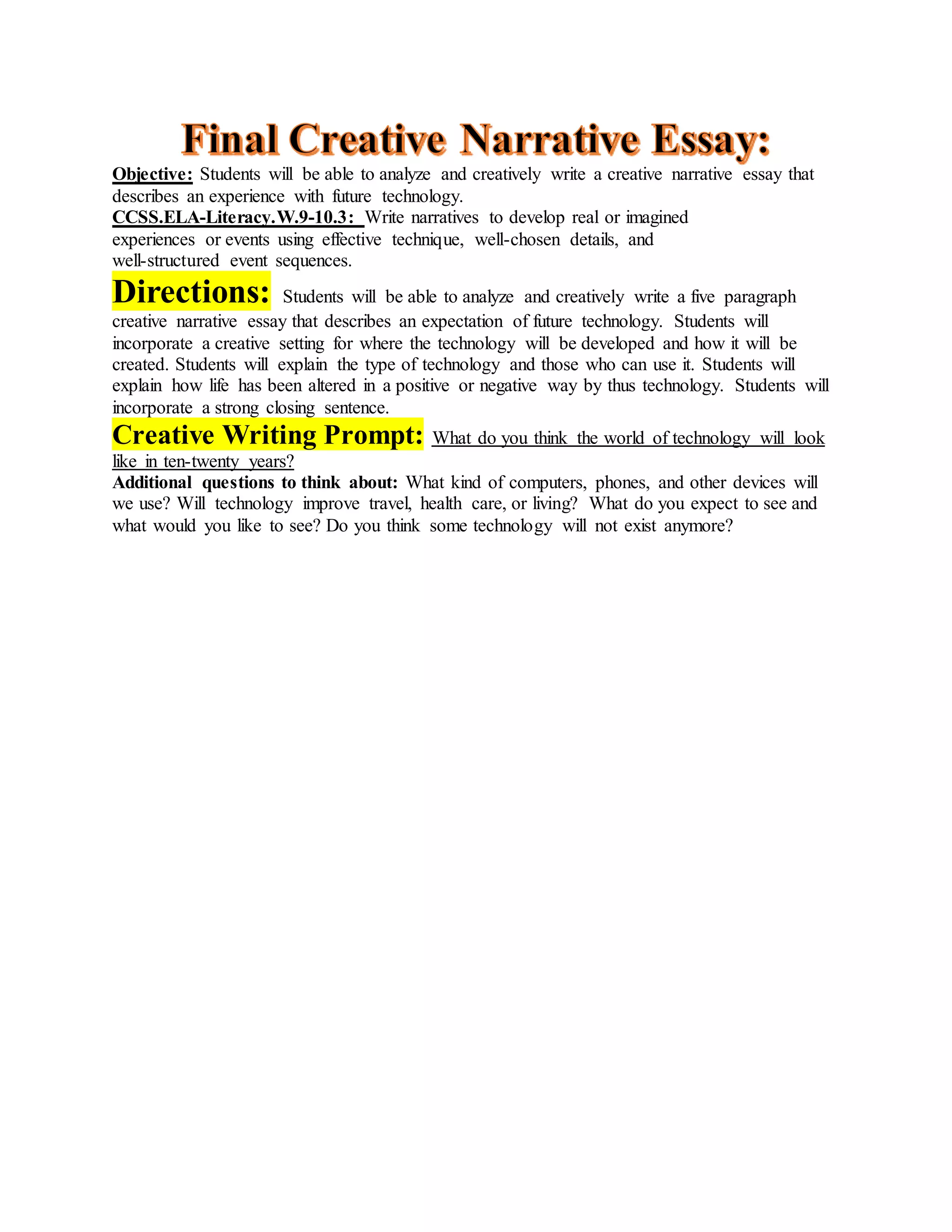 Summative creative narrative essay | DOCX | Technology & Computing
