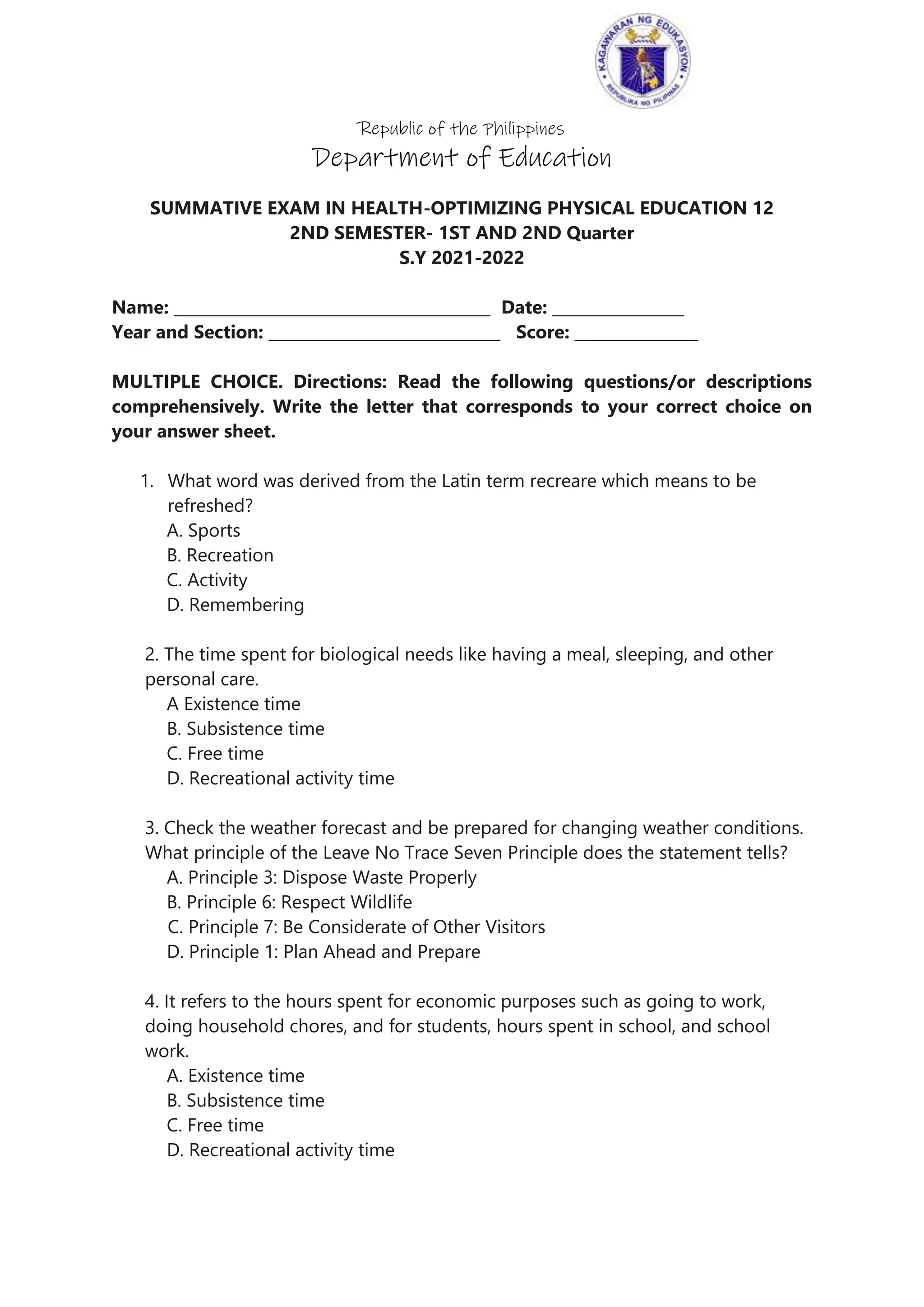 Summative Exam in Health Omptimizing Physical Education 12 | DOCX