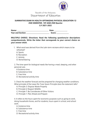 Summative Exam in Health Omptimizing Physical Education 12 | DOCX