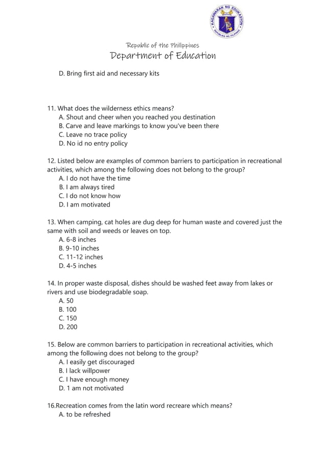 Summative Exam in Health Omptimizing Physical Education 12 | DOCX