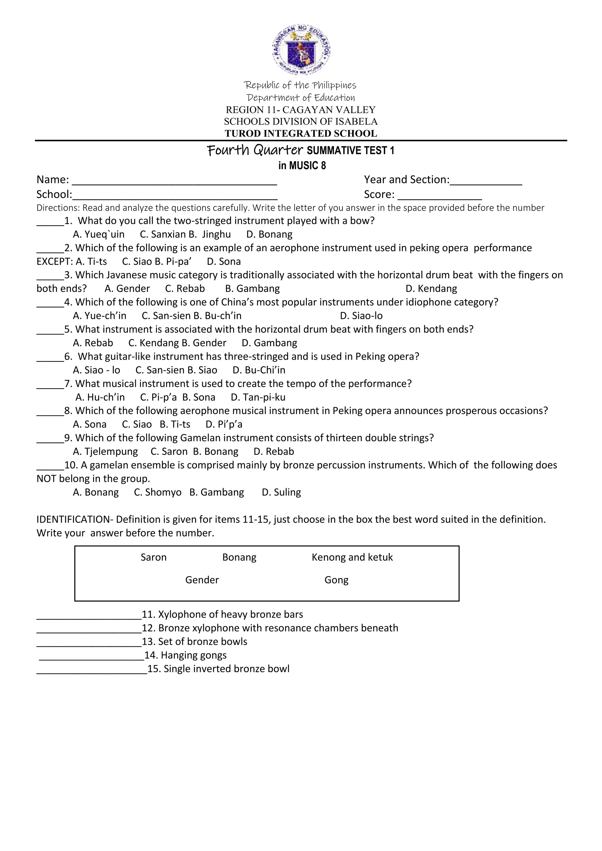 SUMMATIVE EXAMINATION IN MUSIC 8 SY 2023 | DOCX