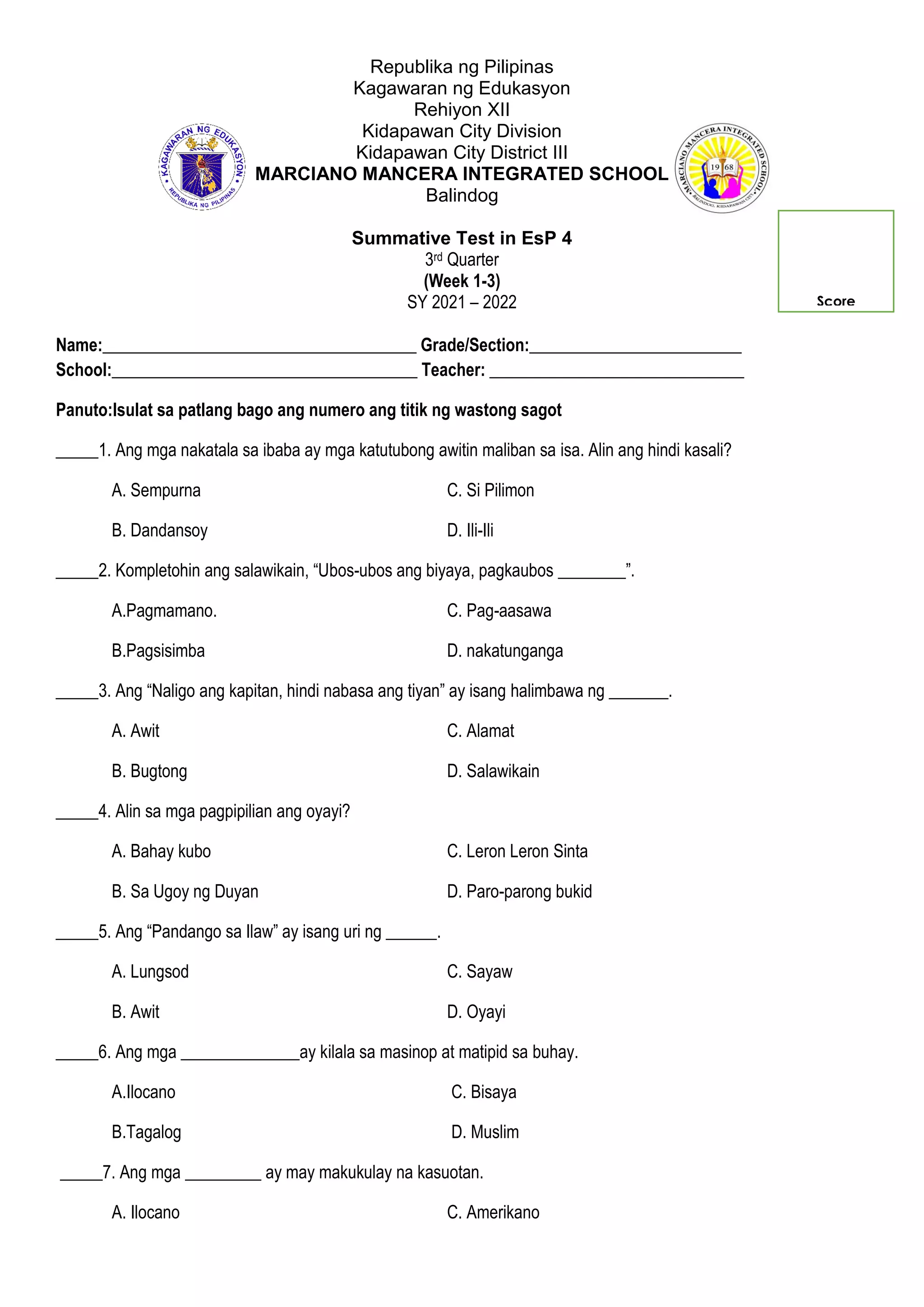 Summative Test In Esp 3rd Quarter Week 1 3 Pdf