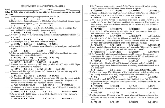 Summative test mathematics | PPT